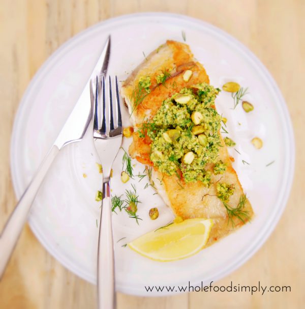 Pan Fried Barramundi with Pistachio Herb Pesto ~ Wholefood Simply